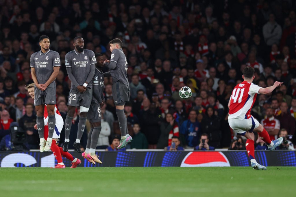 Kylian Mbappe and Jude Bellingham reaction to Declan Rice free-kick ...